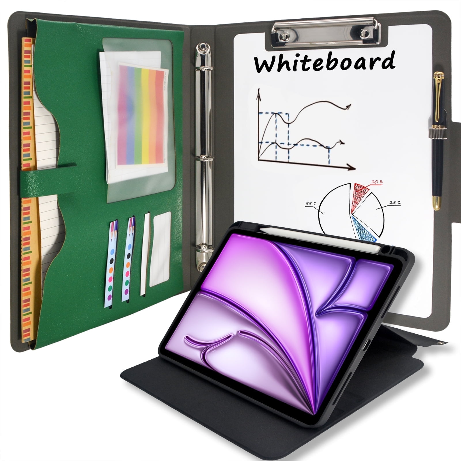 Tablet Portfolio Case with Whiteboard Clipboard, 3-Ring Binder Padfolio ...
