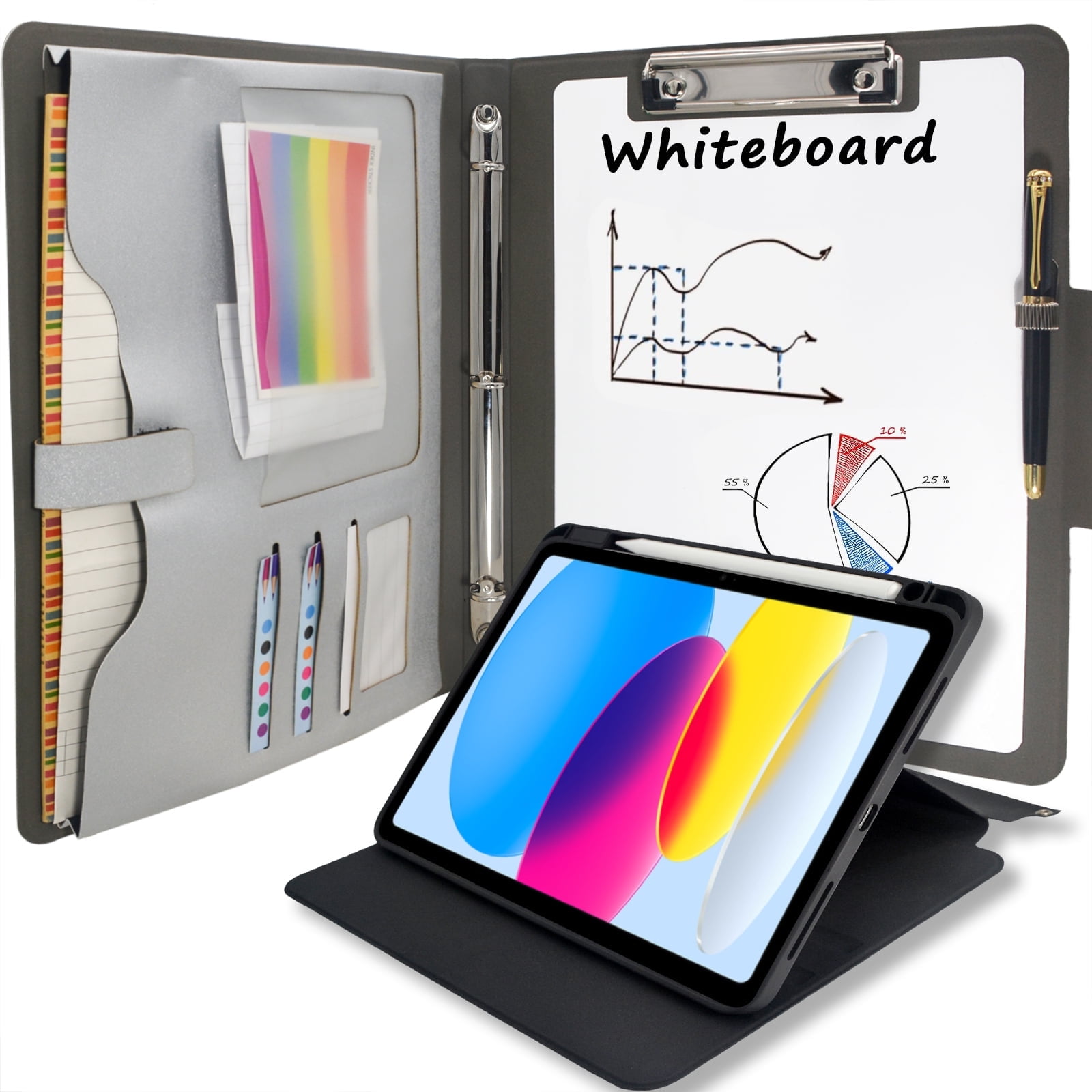 Tablet Portfolio Case with Whiteboard Clipboard, 3-Ring Binder Padfolio ...