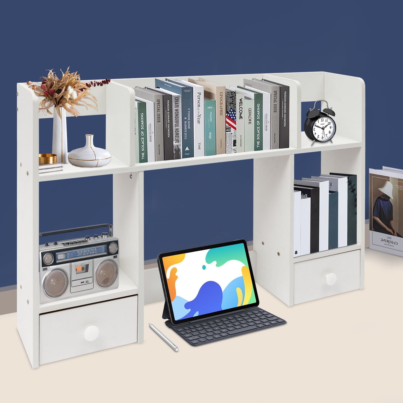 Tabletop Desktop Organizer, Wood Display Book Shelf Stand Rack White ...