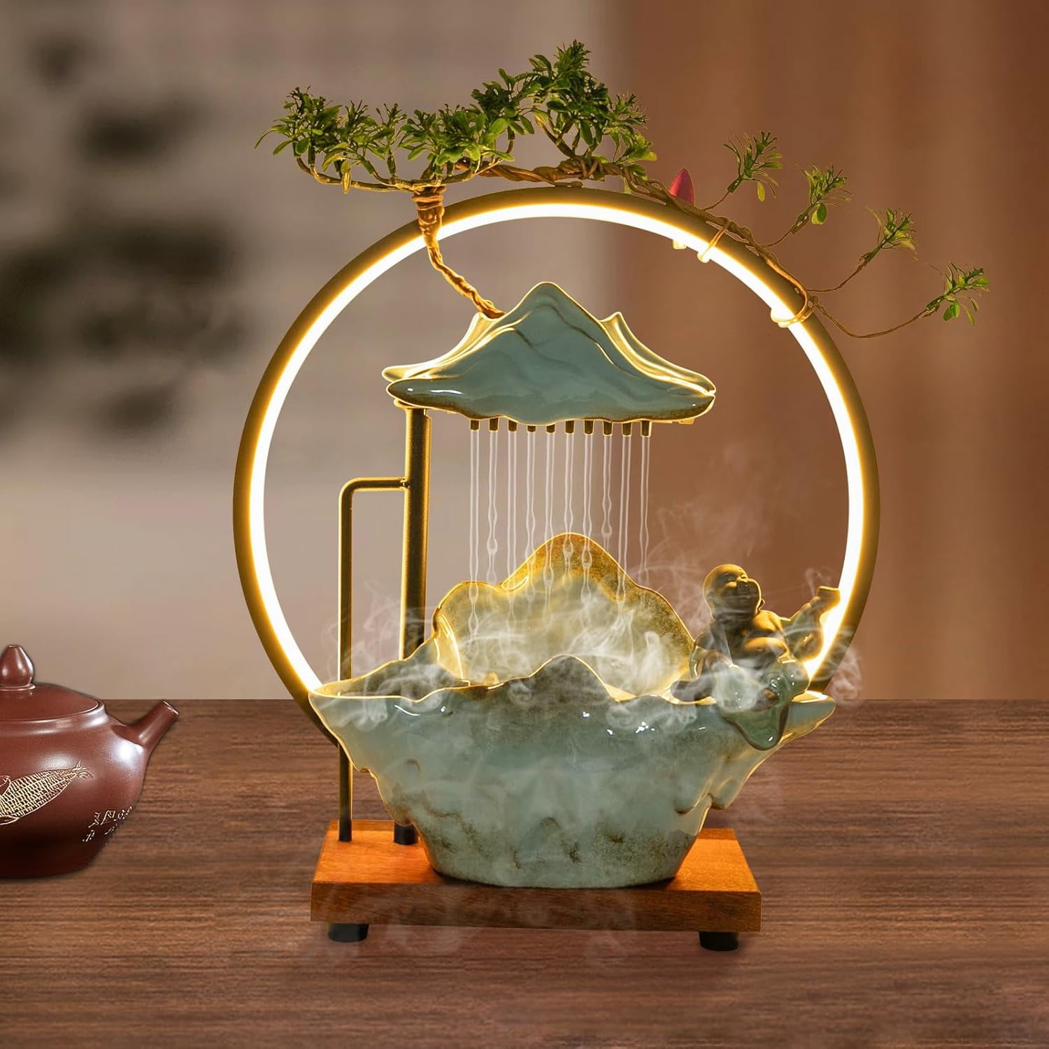 Tabletop Fountain with LED Light & Mist Maker, Indoor Waterfall with ...