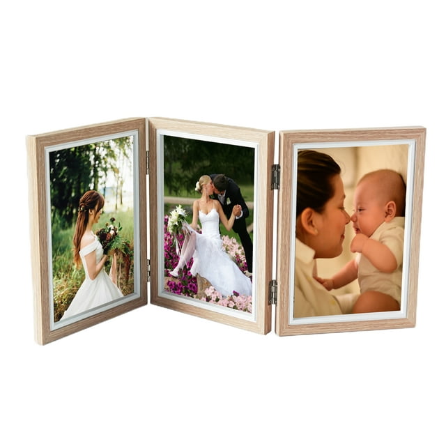 Tabletop Picture Frame Wood Trifold Hinged Photo Frame with 3 Openings ...