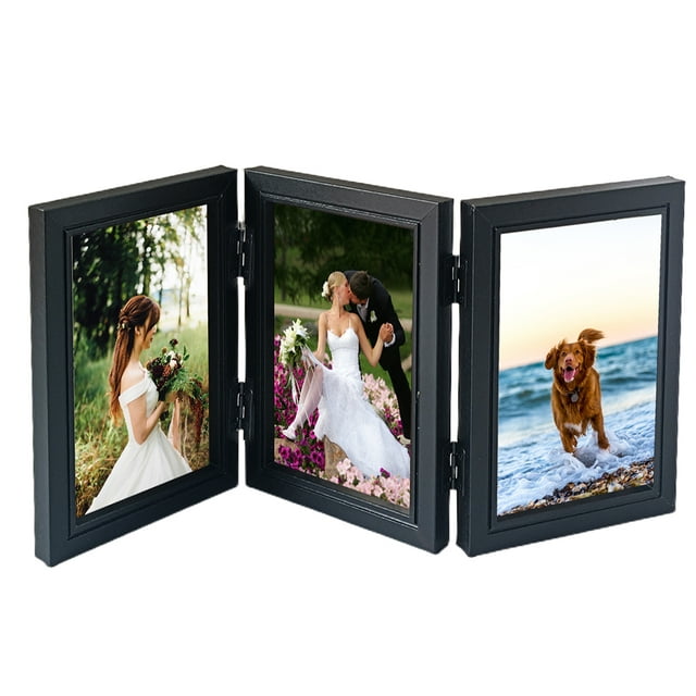 "Triple Vertical Tabletop Picture Frame, Wood Trifold Hinged Photo ...