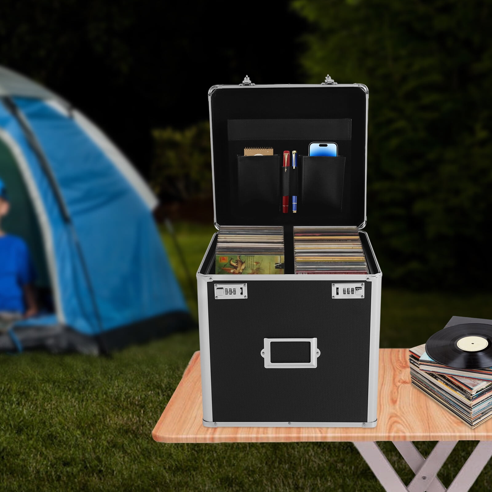 Tabletop Record Vinyl Carry Case Black Storage Box Locking with 50 ...