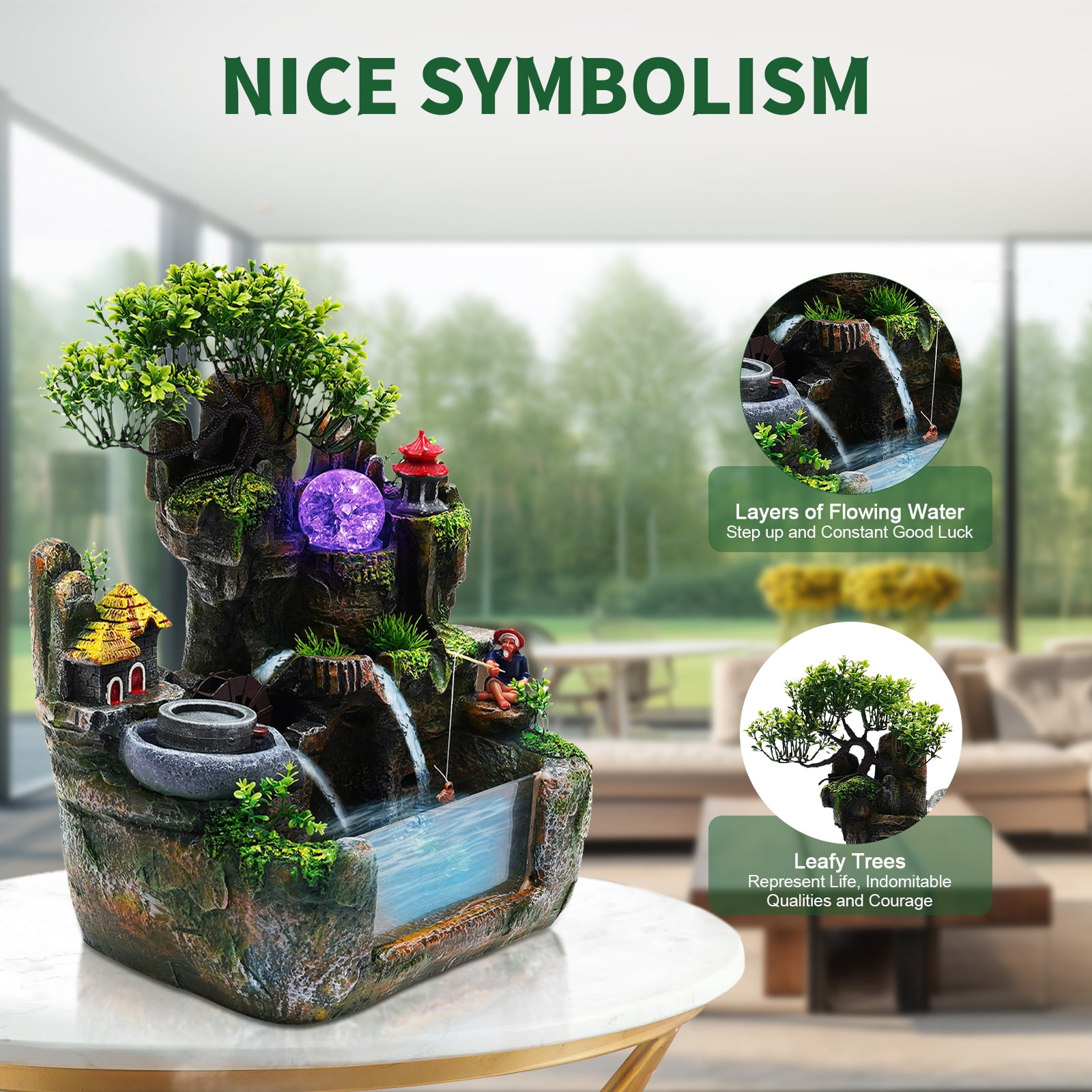 Tabletop Relaxation Fountain with Fish Bowl, Color-Changing LED Lights ...