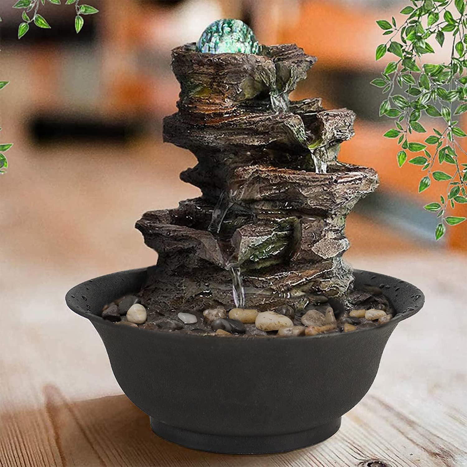 Tabletop Rock - Stacked Waterfall Fountain with LED - Lit Crystal Ball ...