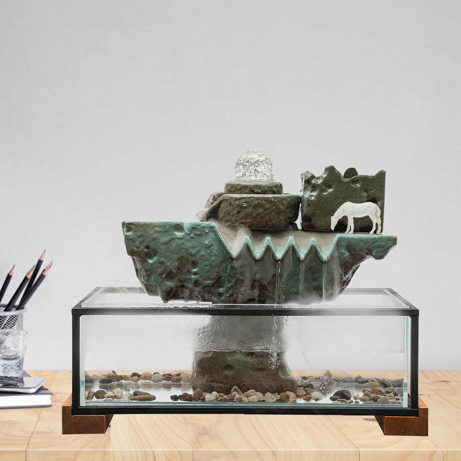 Tabletop Water Fountain, 16x8x5in Glass Fish Tank with LED Lights and ...