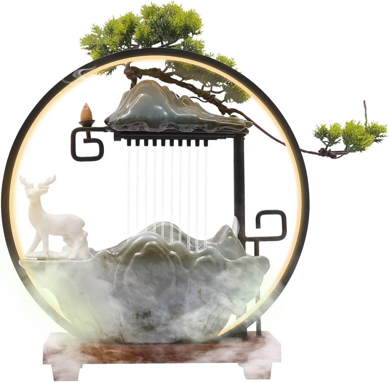 Tabletop Water Fountain, Indoor Waterfall with Round LED Light Ceramic ...