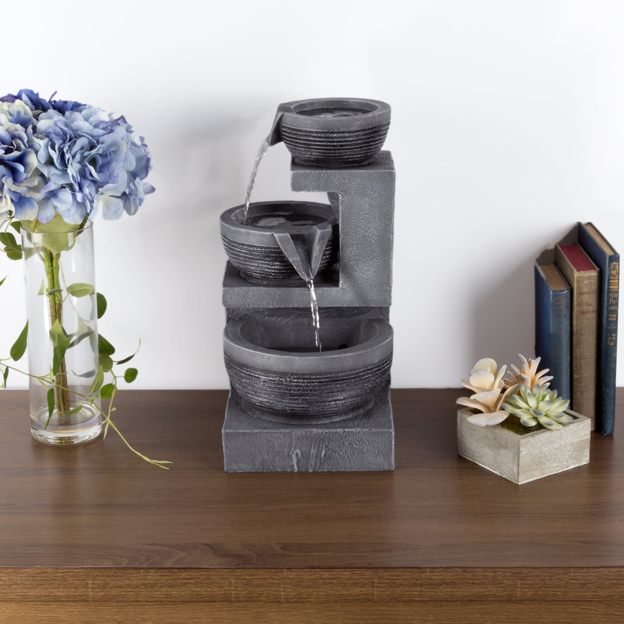 Tabletop Water Fountain With LED Lights - Three Tier Cascading Basin ...