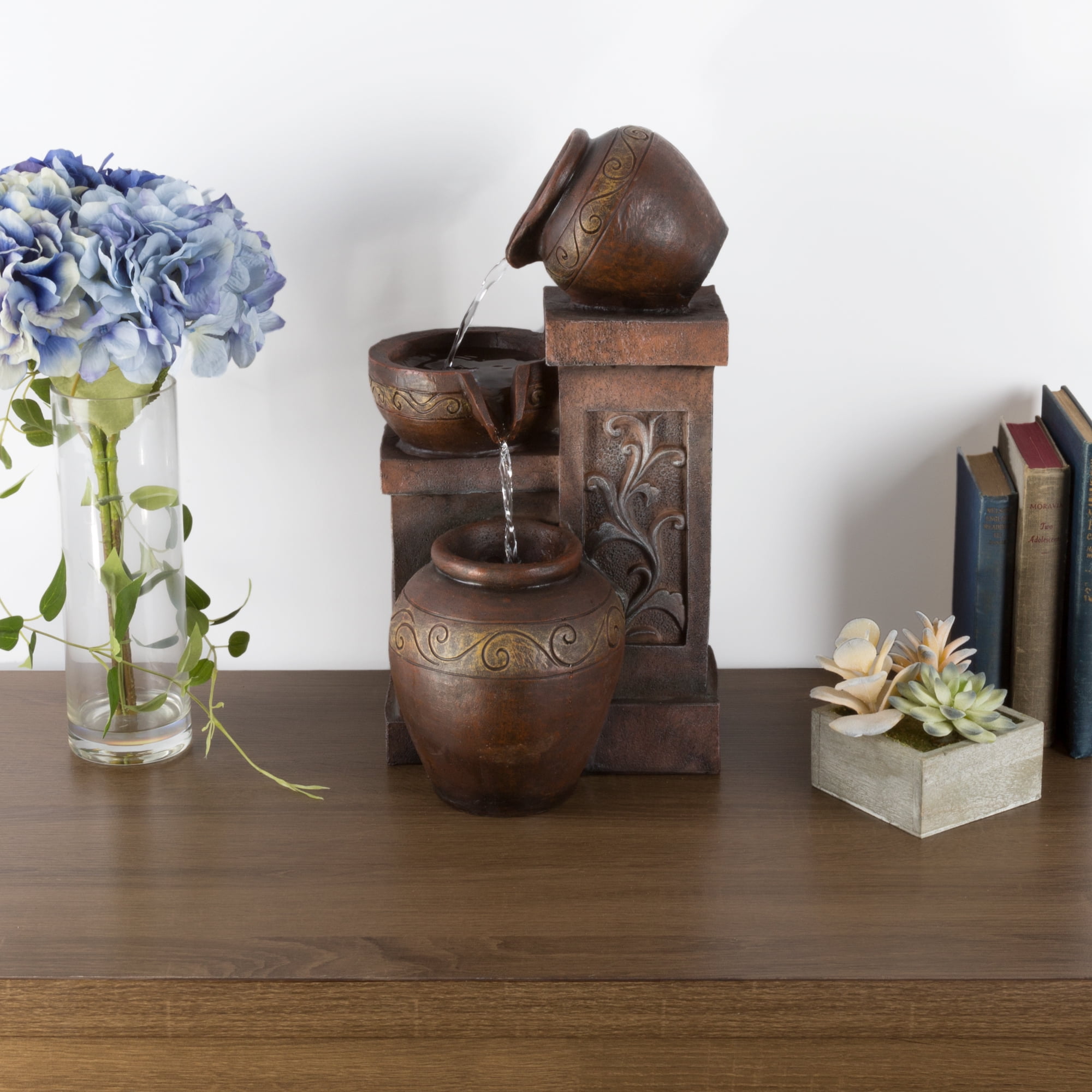 Tabletop Water Fountain With Rustic Jugs and LED Lights - Tiered Vase ...