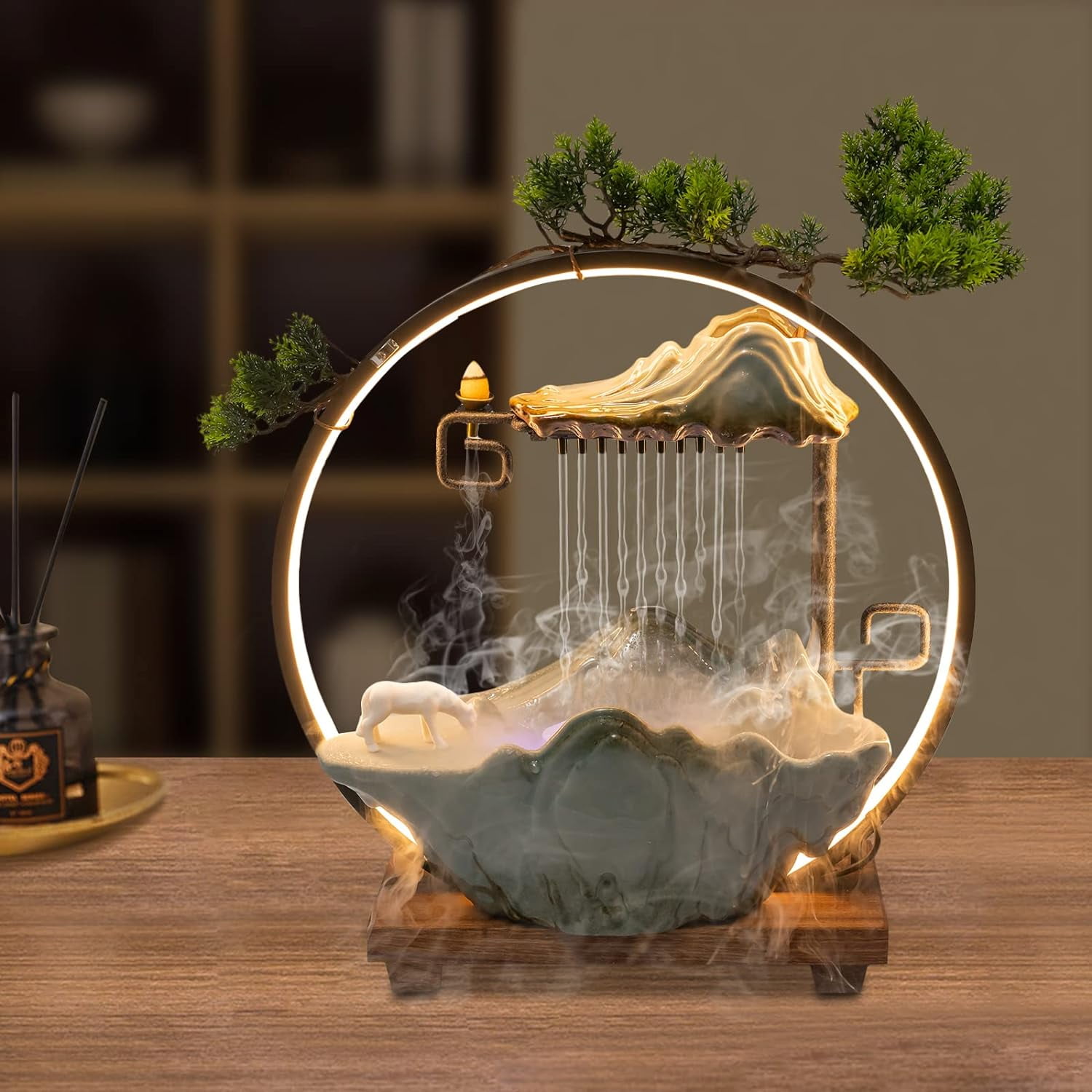 Tabletop Water Fountains Indoor Waterfall with Round LED, Atomizer Can ...