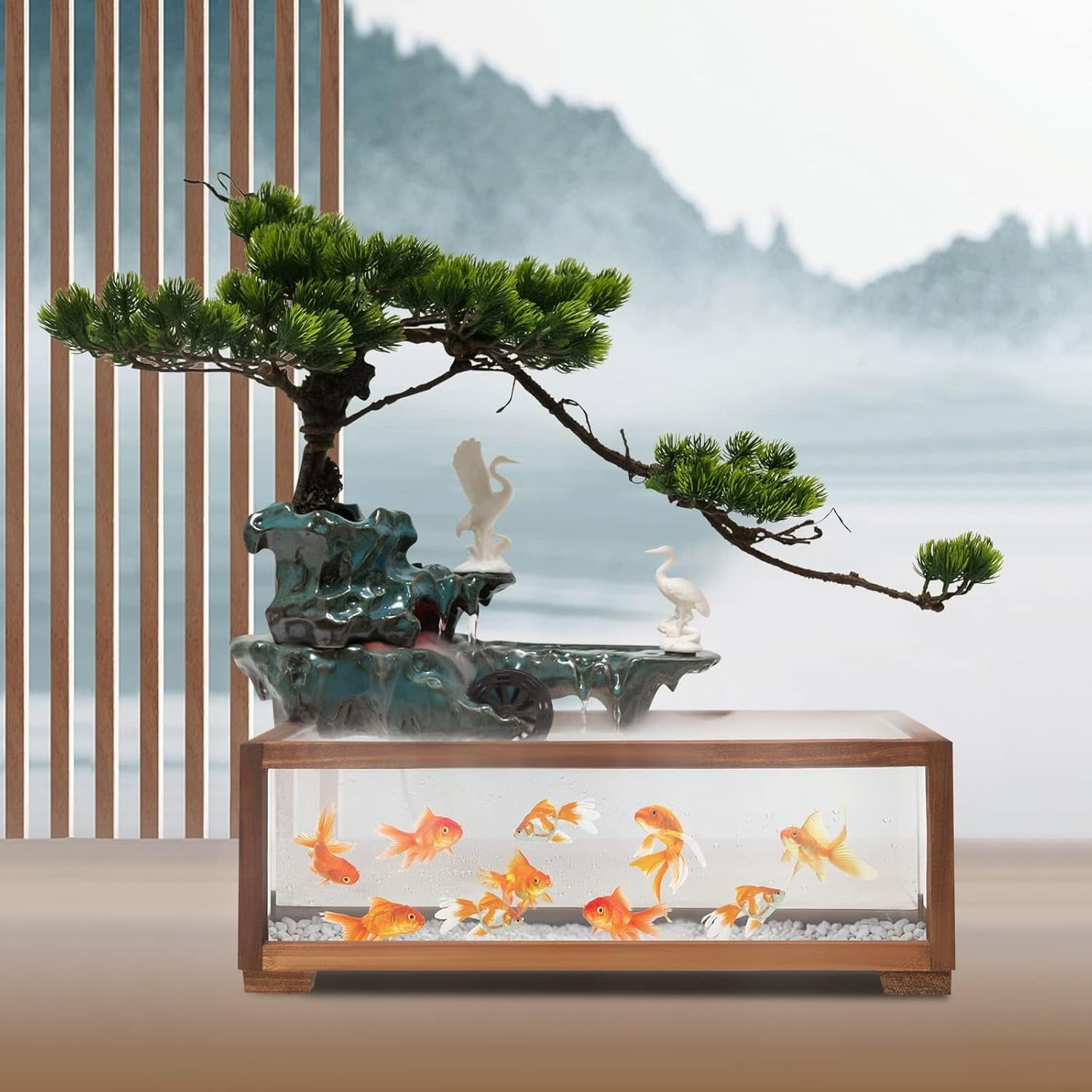 Tabletop Water Fountains Indoors with LED Light, Fake Plants，Rockery ...