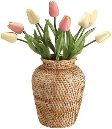 Tabletop Woven Rattan Vase for Flowers, Rustic Country Style Rattan ...
