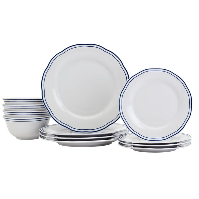 Tabletops Gallery 12 Piece Vintage Stripe White Blue Ceramic Dinnerware ...