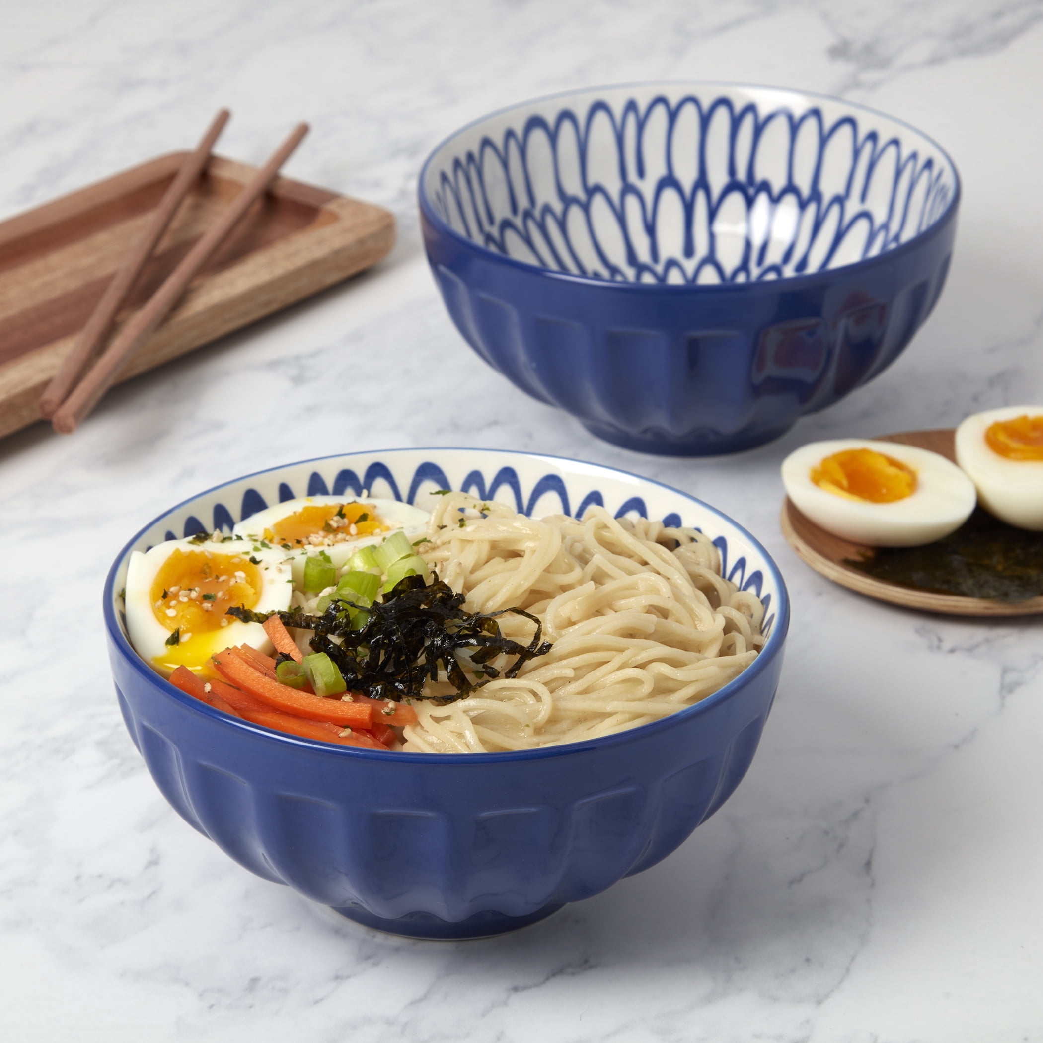 Tabletops Gallery 6.5" Cobalt Cafe Fluted Stoneware Ramen Noodle Bowls ...