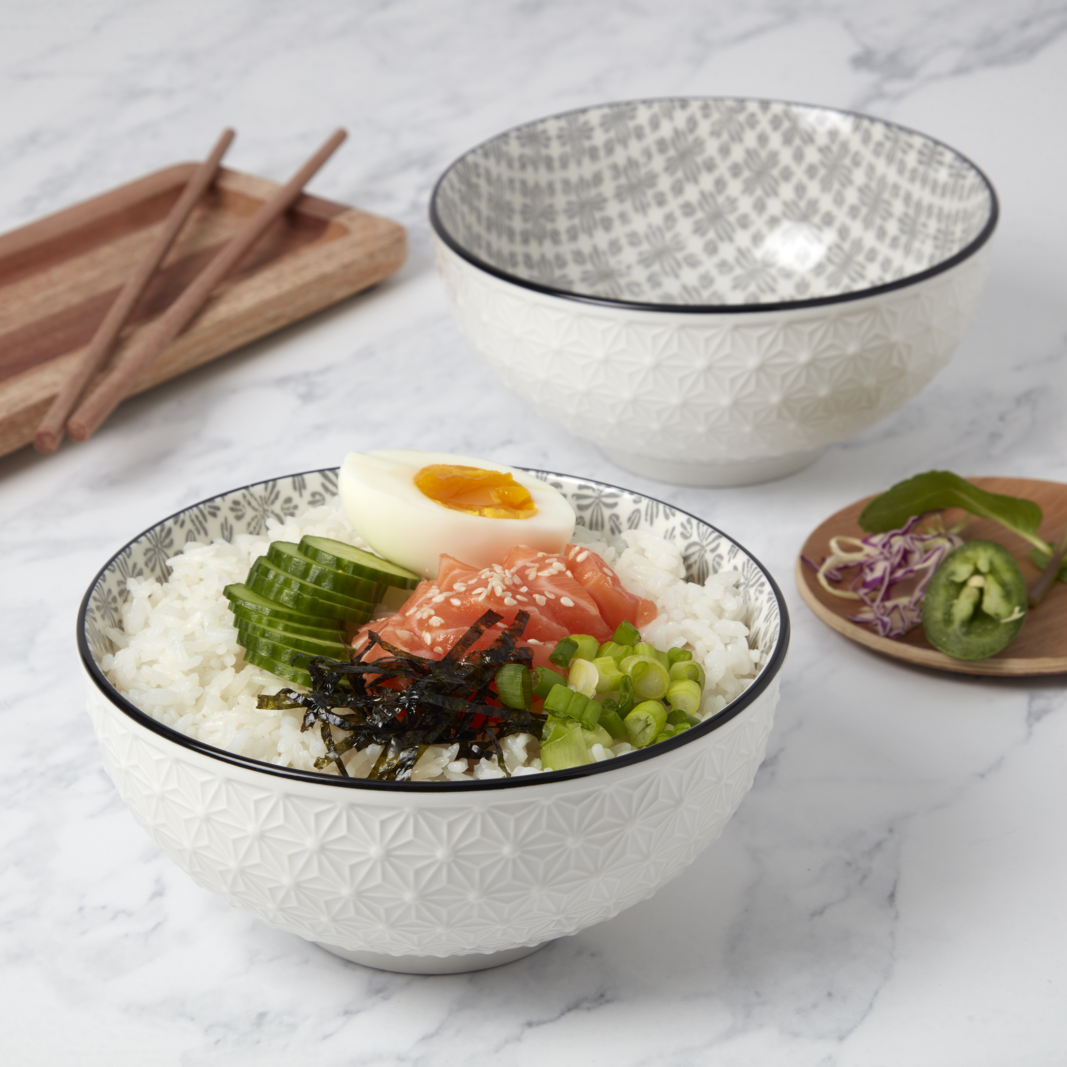 Tabletops Gallery 6.5" White Honeycomb Embossed Gray Pattern Stoneware Ramen Noodle Bowls, Set ...