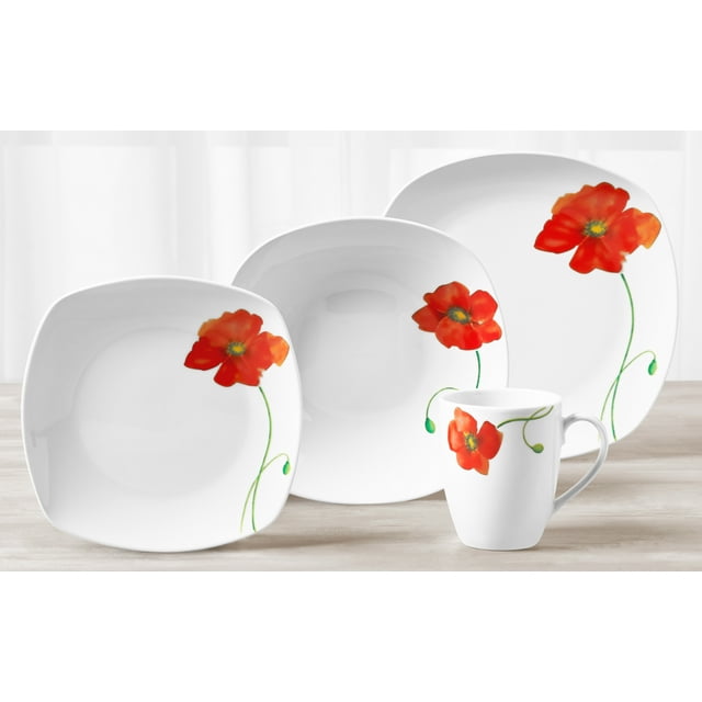 Tabletops Gallery Poppy Square 16 Piece Dinnerware Set, Floral Pattern ...