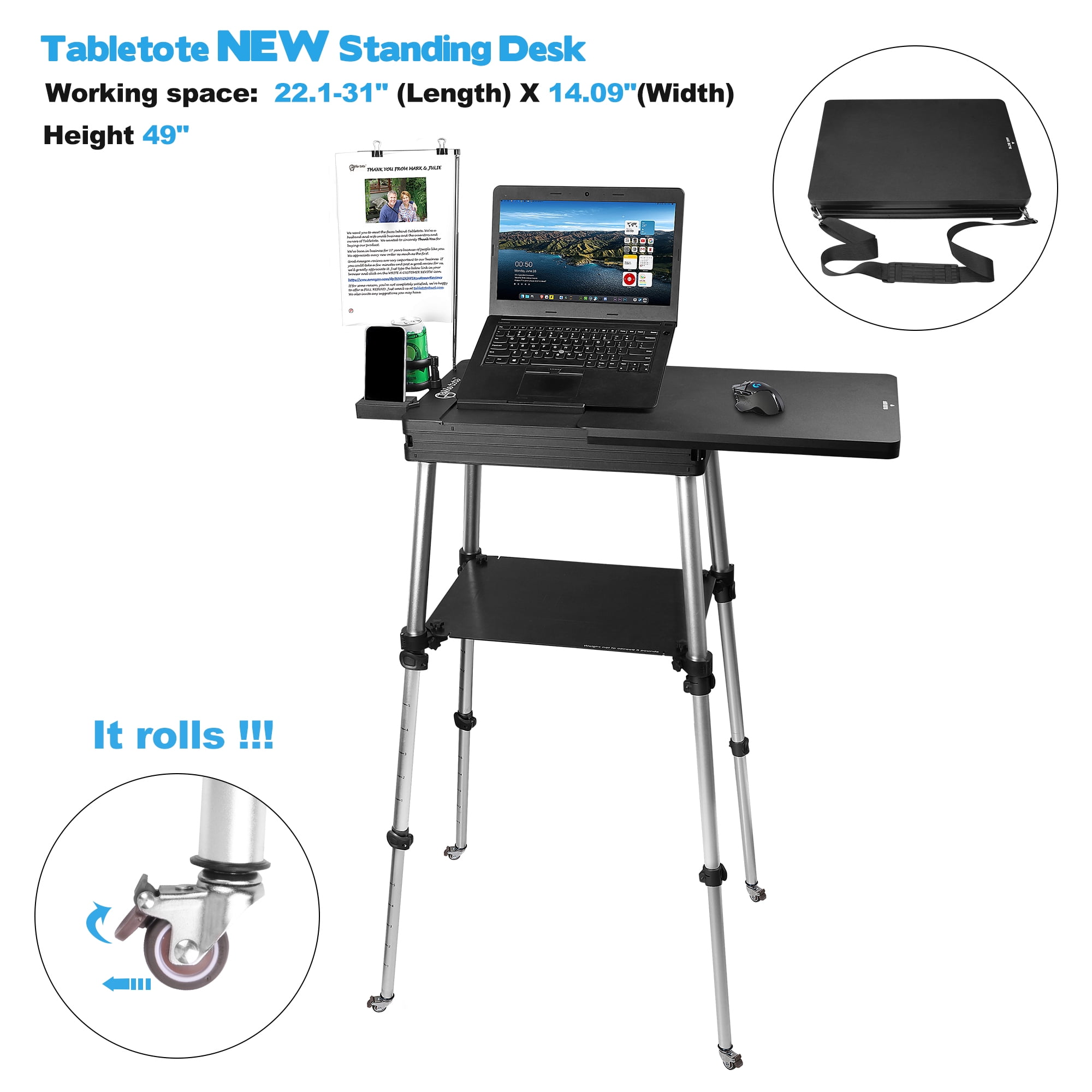 Tabletote Portable Mobile Adjustable Height Standing Desk 19-49" Sit ...