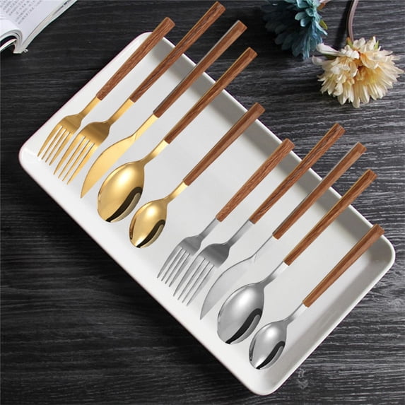 Tableware 5Pcs Stainless Steel Cutlery Set with Wood Grain Handle Knife ...