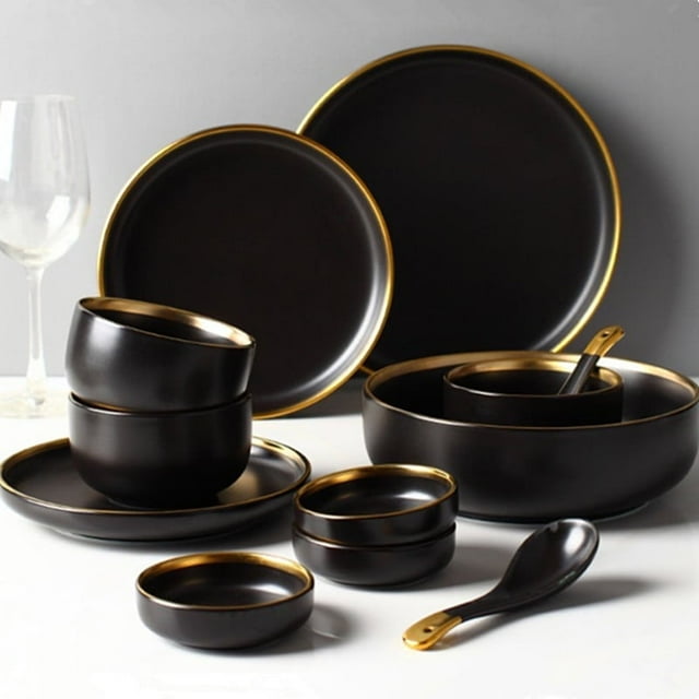 Tableware Set Black Ceramic Plates and Bowls Set Dinnerware Set with ...