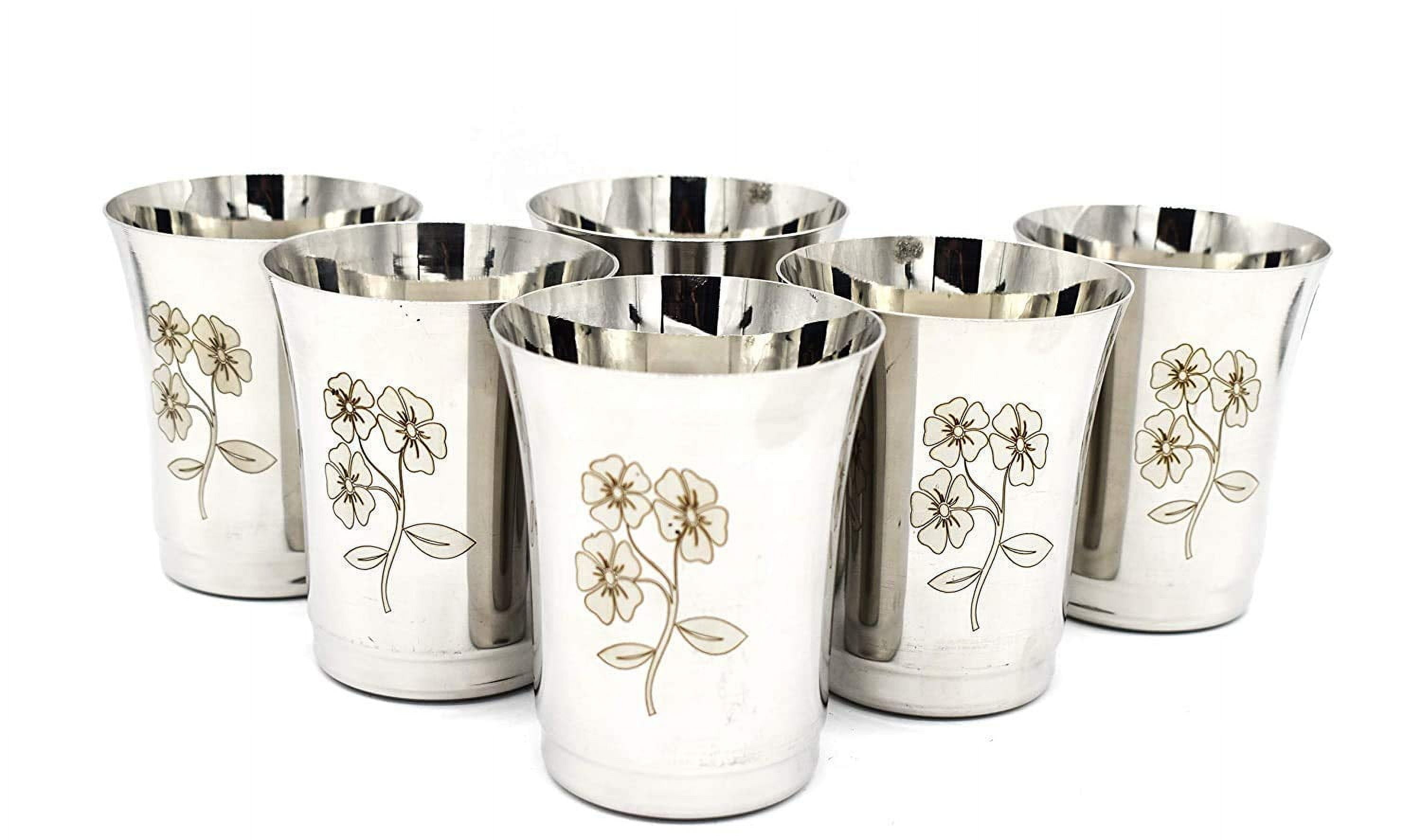 Tableware Silver Stainless Steel Water Glasses Set Of 6 350ml Each - Juice Glasses - Floral ...