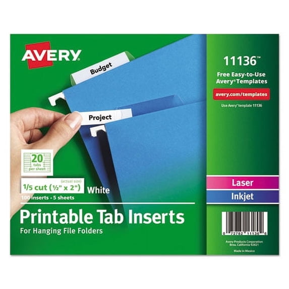 Tabs Inserts For Hanging File Folders, 1/5-Cut Tabs, White, 2" Wide ...