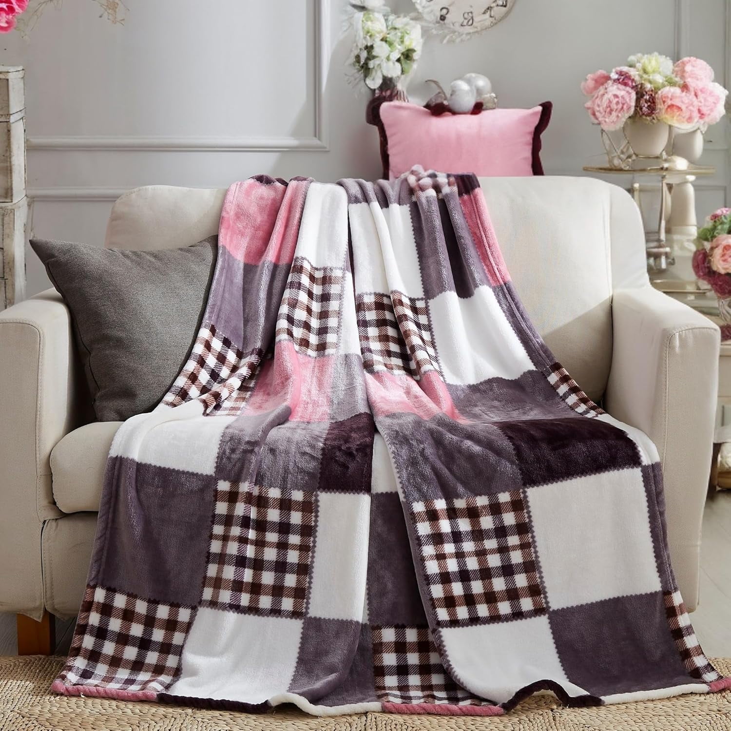 Tache Autumn Pink Purple Farmhouse Super Soft Micro Fleece Plaid ...