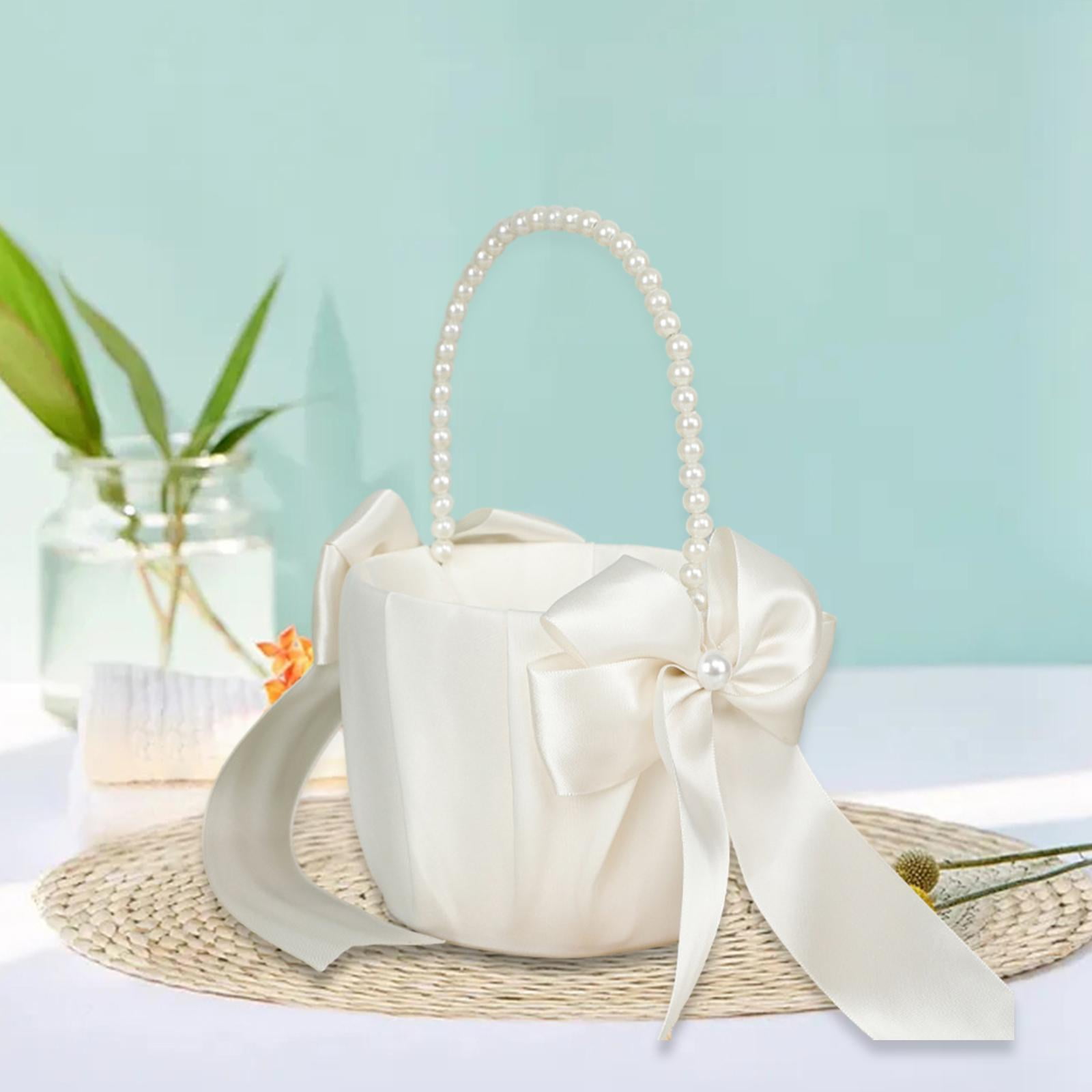Tachiuwa Flower Girl Basket White Satin Ribbons Basket Bowknot Elegant ...