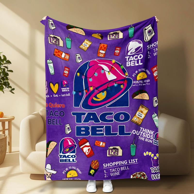 Taco Bell Themed Flannel Blanket, Bold Graphics, Tacos Drinks Sauce ...