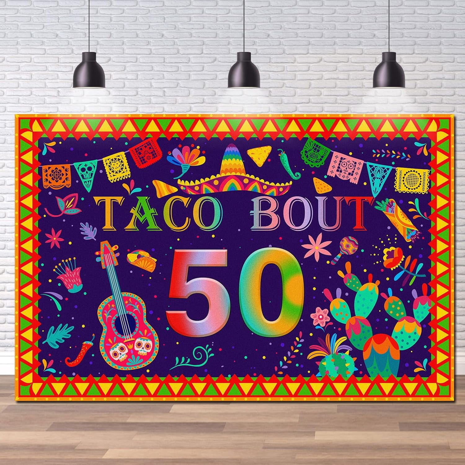 Taco Bout 50 Backdrop 50 Fiesta Mexican Cactus Birthday Banner Happy ...