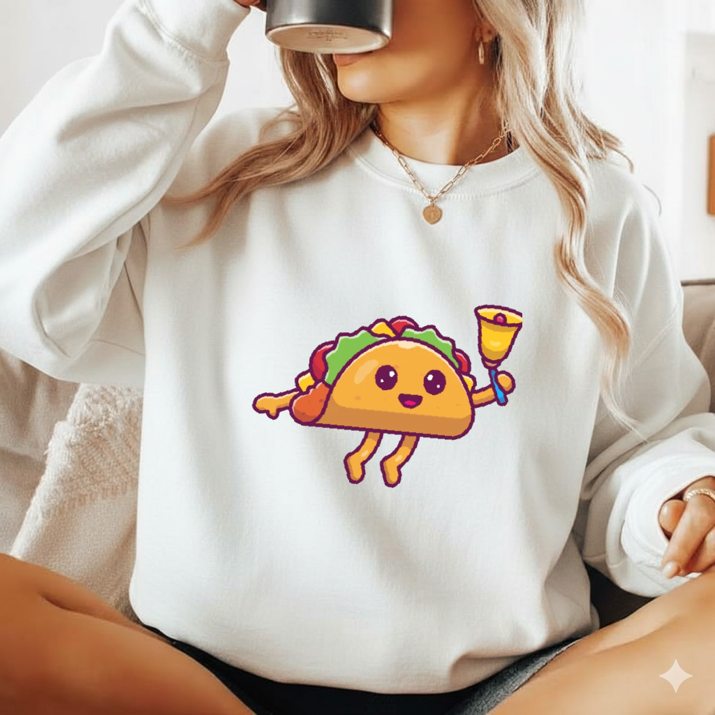 Taco Cute Holding Bell Funny Mexican Food Cartoon Humor Sweatshirt up ...