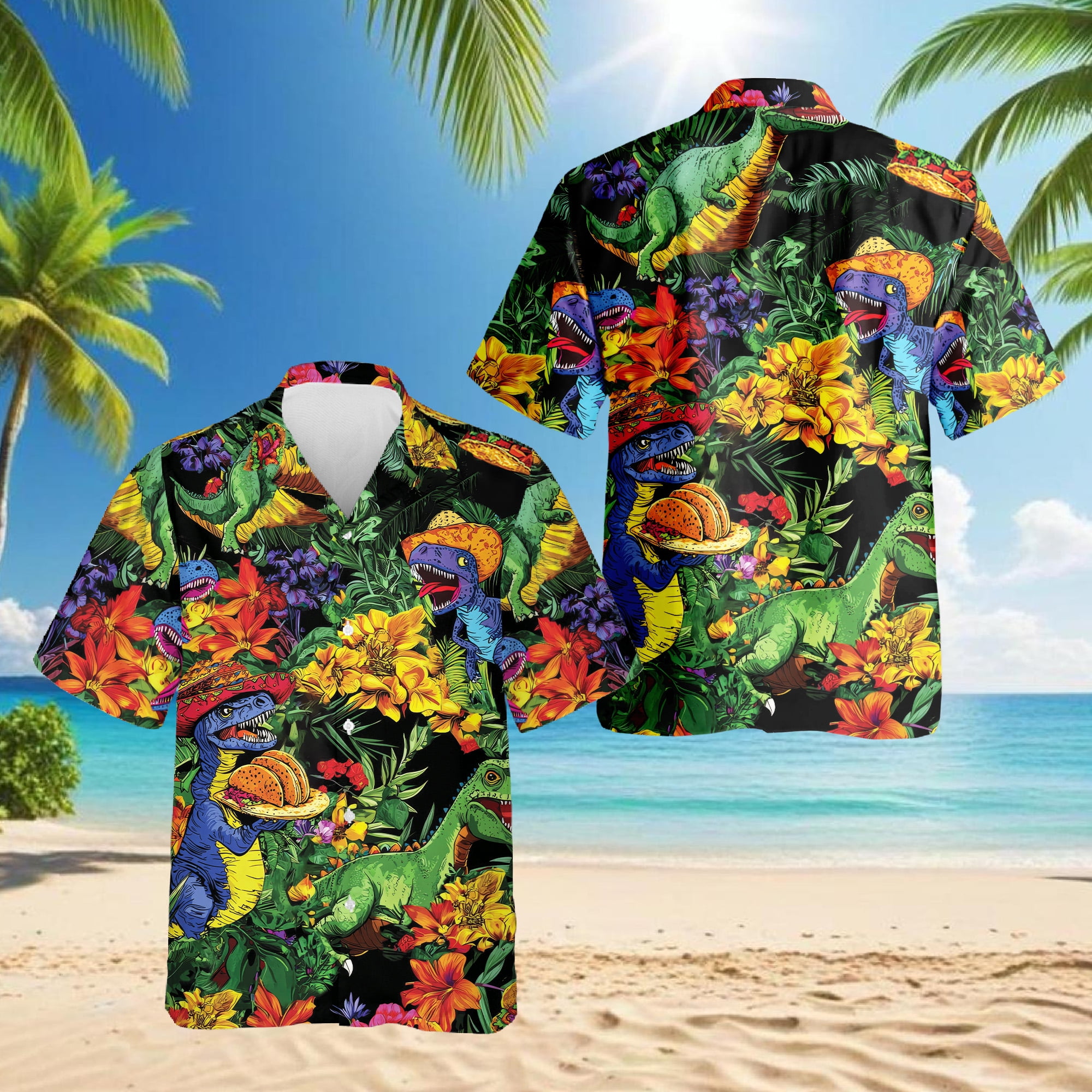Taco Dinosaur T-rex Hawaiian Shirt for Men, Button Down Summer Beach ...