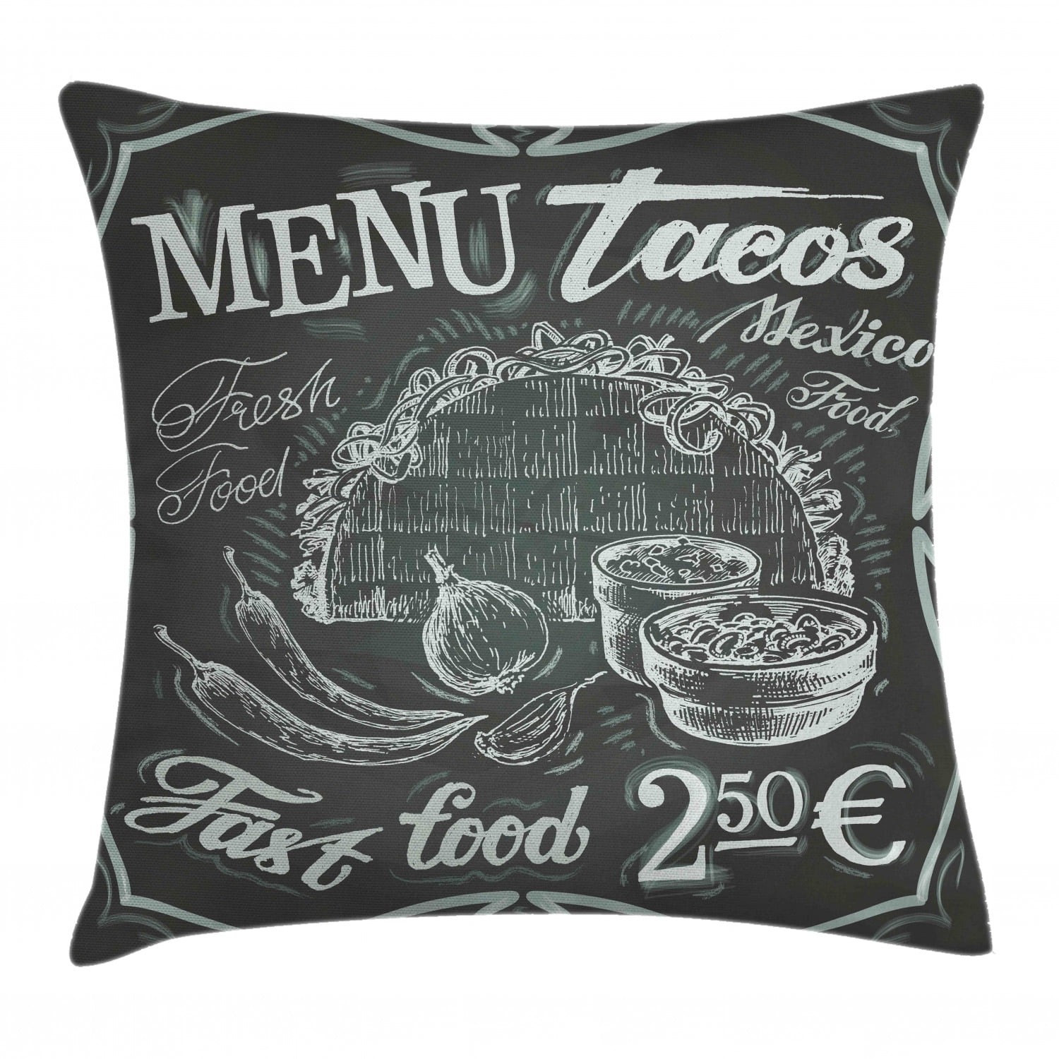 Taco Throw Pillow Cushion Cover, Vintage Style Mexican Fresh Food Sign ...