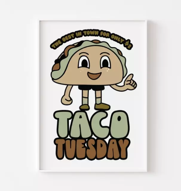 Taco Tuesday Retro Character Print - Fun Kitchen Print, Retro Mascot ...