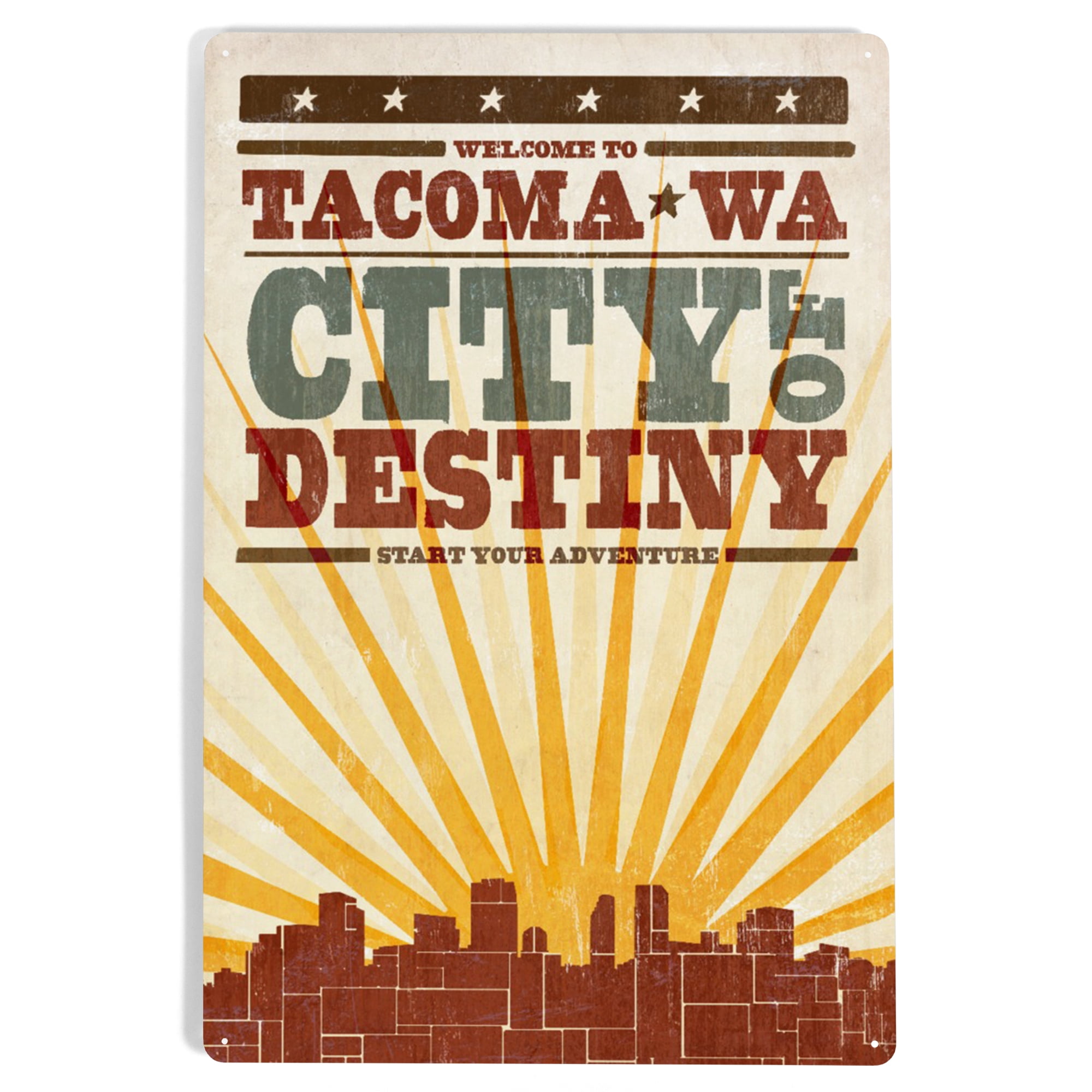 Tacoma, Washington, Skyline and Sunburst Screenprint Style (12x18 ...