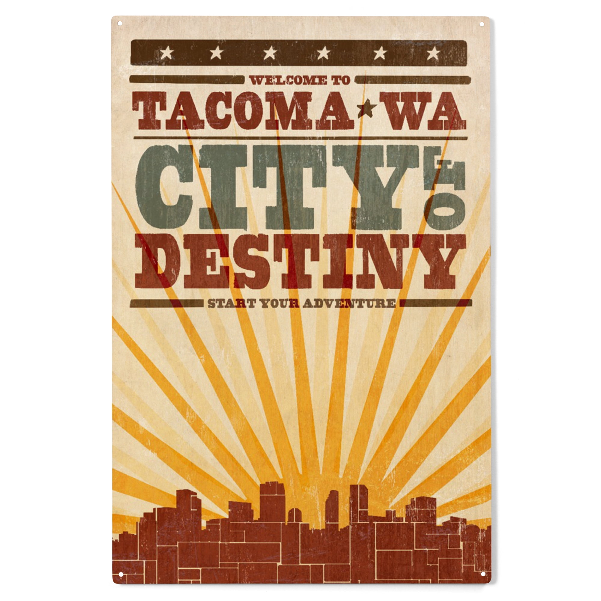 Tacoma, Washington, Skyline and Sunburst Screenprint Style Birch Wood ...