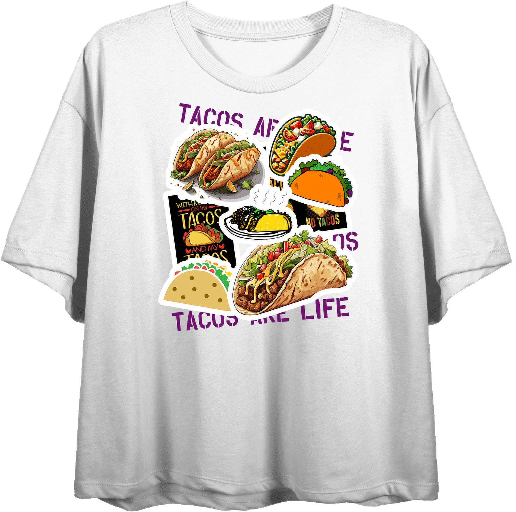 "Tacos Are Life" Taco Stickers Women's White Crew Neck Short Sleeve Top ...