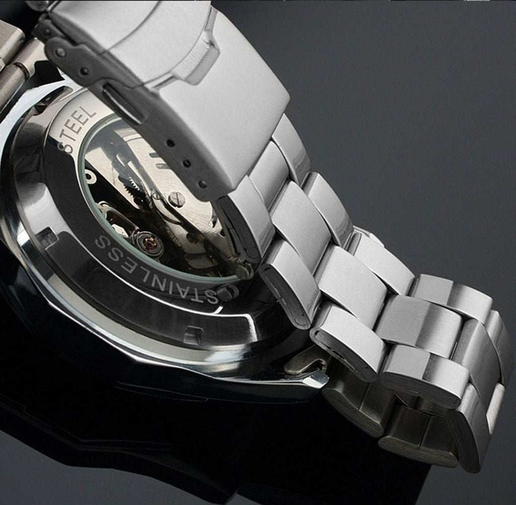 Tact Watch Skeleton Automatic Watches For Men Silver Stainless Steel ...