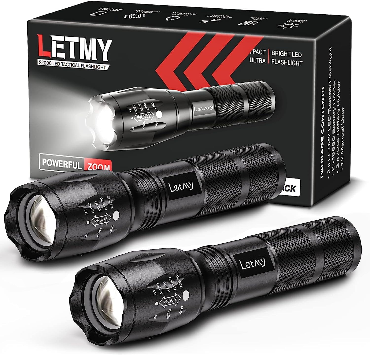 Tactical Flashlight S2000-2 Pack Bright Military Grade LED Flashlights ...