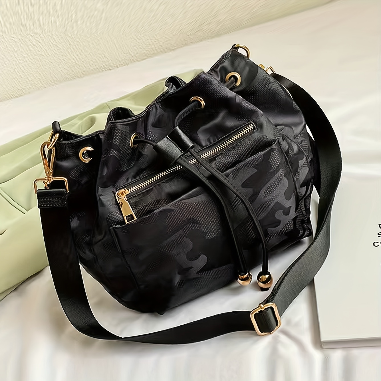 Tactical Nylon Messenger Bag, Black Camouflage Pattern, Drawstring ...