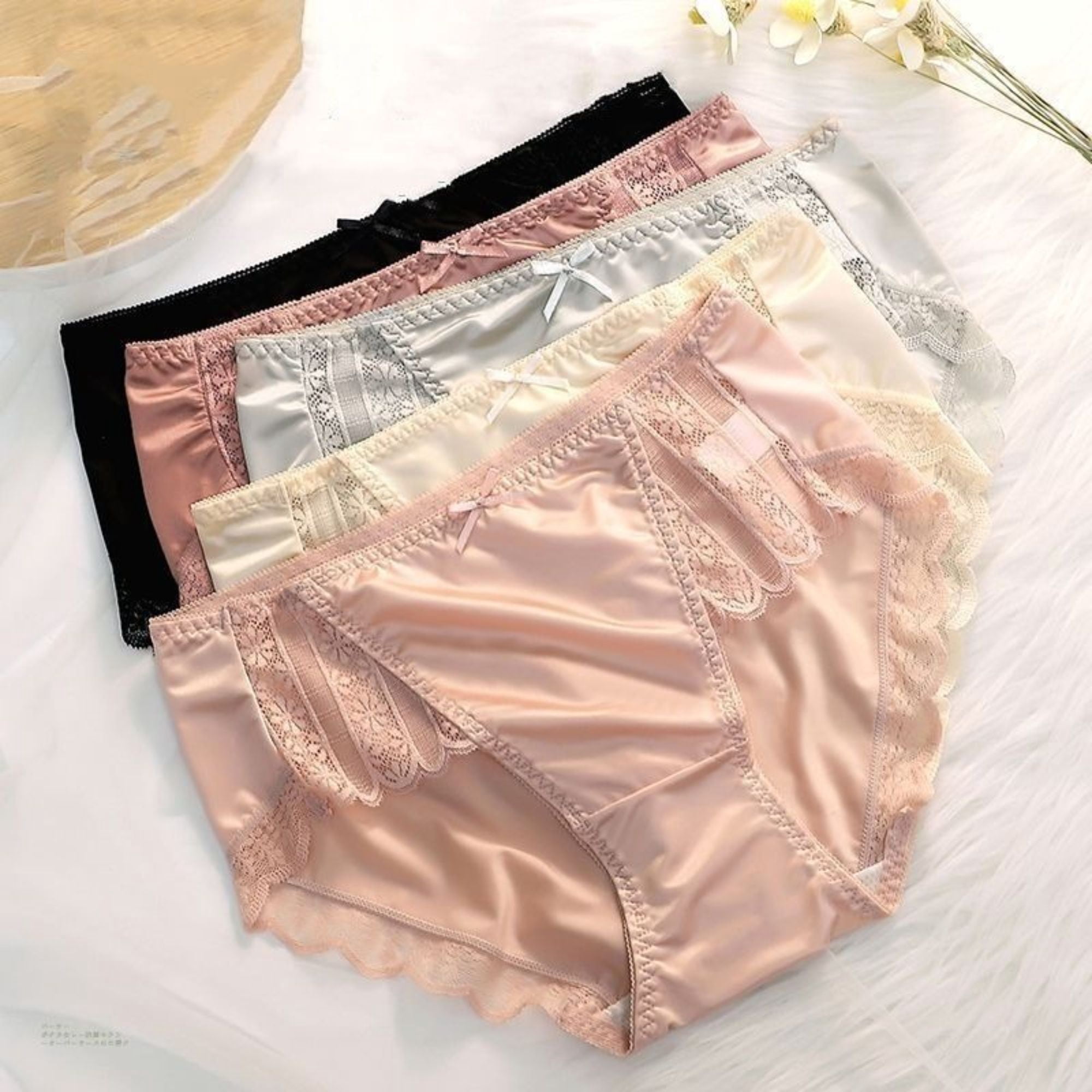 Taesha Bikini Panties, Satin Traceless Underwear, Lace Ice Silk Mid ...