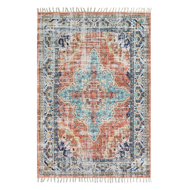 Taftan Orange/Blue Distressed Oriental Boho Poly-Cotton Area Rug with ...