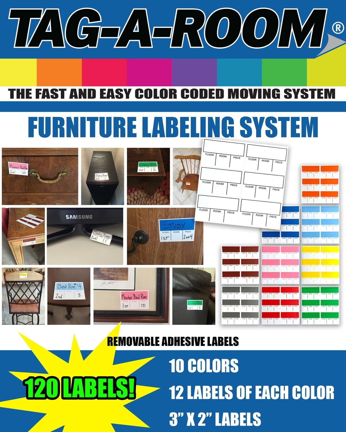 Tag-A-Room Color Coded Furniture Mover Labels, Removable Adhesive 120 ...
