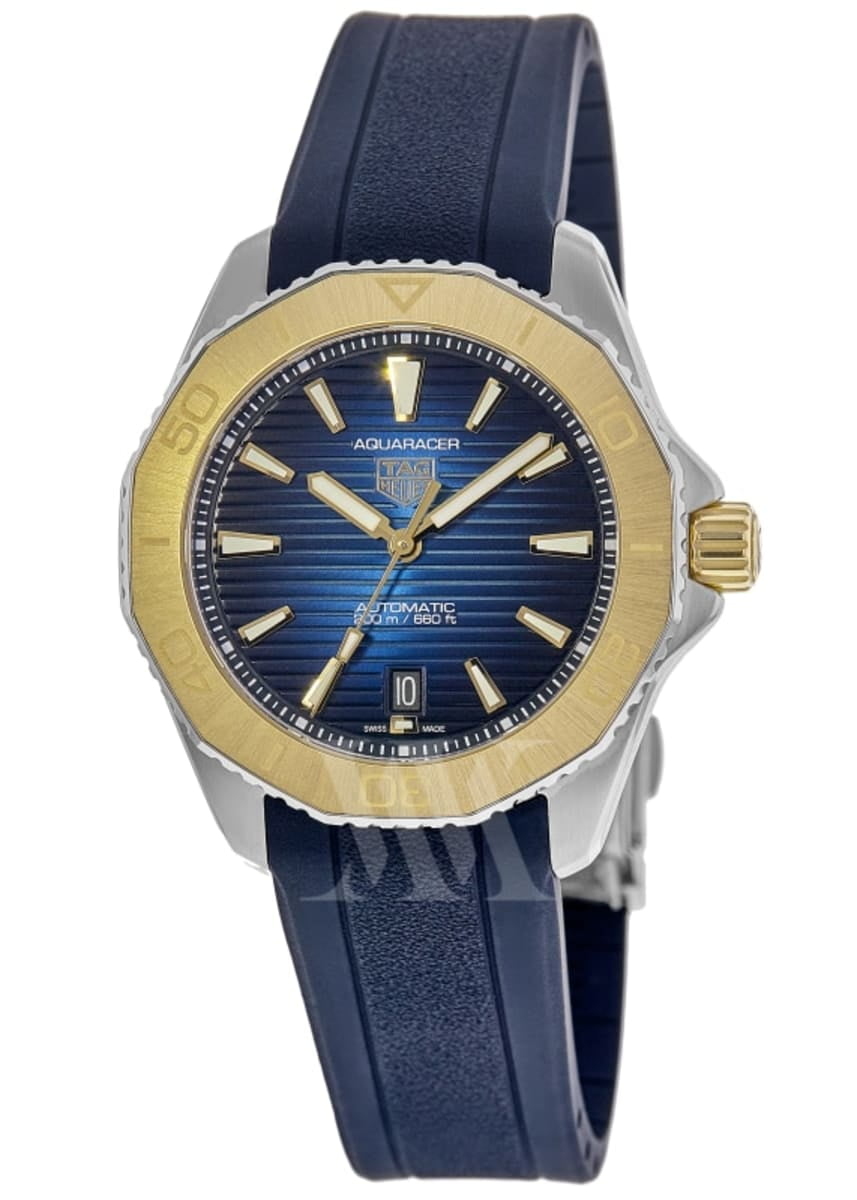 Tag Heuer Aquaracer Professional 200 Date Automatic Blue Dial Gold Bezel Rubber Strap Men's ...