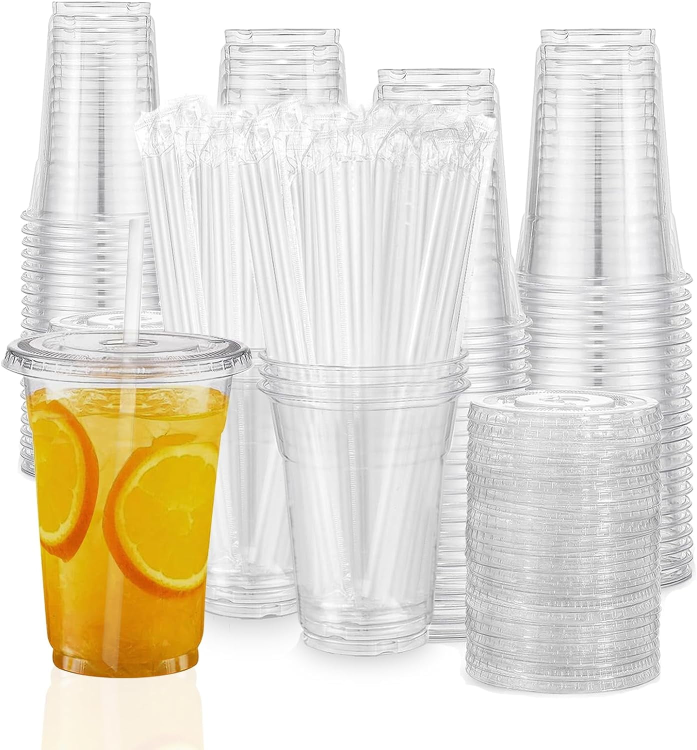 TahiBox Plastic cups with lids and straws 16 oz 100sets [100 cups & 100 ...
