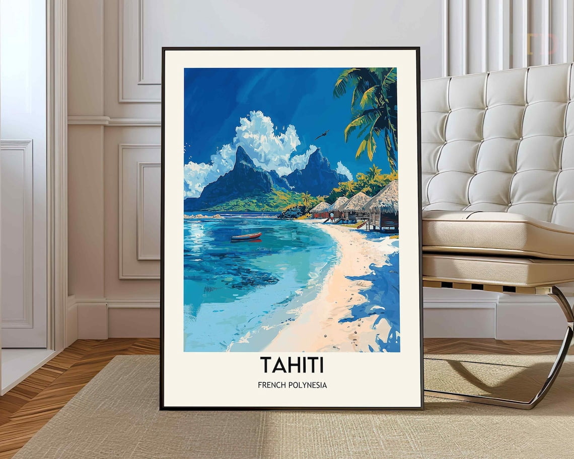 Tahiti French Polynesia Island Map Wall Art Travel Photo Print ...