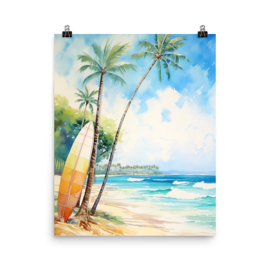Tahiti Surfboard Print, Tropical Beach Palm Tree Art, French Polynesia ...