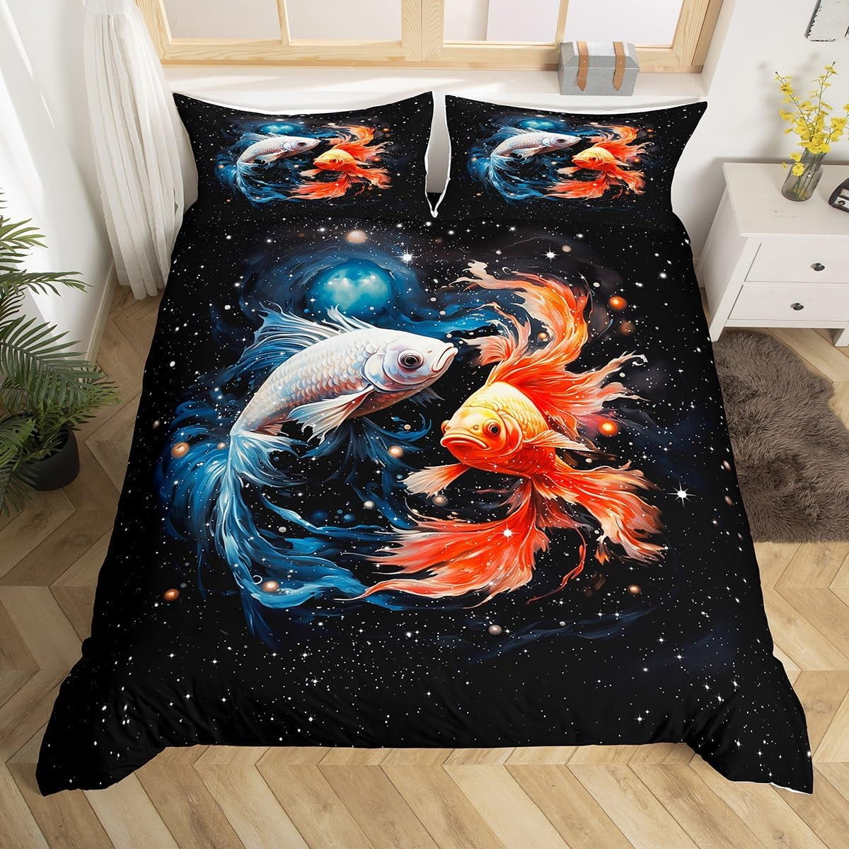 Tai Chi Fish Duvet Cover Set,Starry Sky Galaxy Universe Bedding Set,Red ...