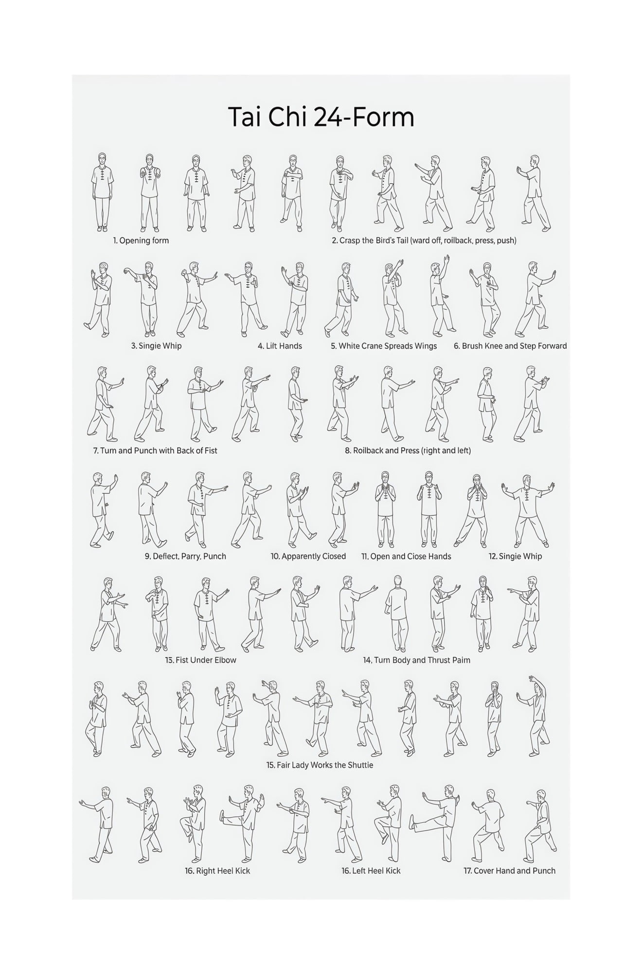 Tai Chi Moves Chart Poster 42 Step Sequence for Beginners Learning Mind ...