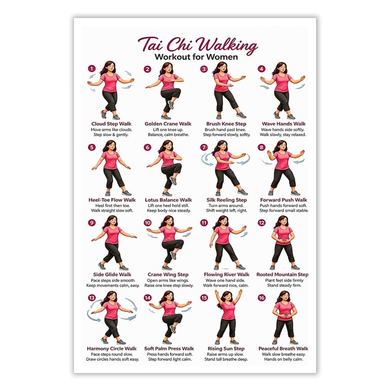 Tai Chi Walking Chart for Women Mindfulness Home Workout Guide Wall Art ...