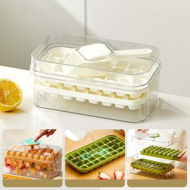 Taicans Ice Tray with Lid and Bin,Ice Bin Scoop Trays,2 Tiers Press ...